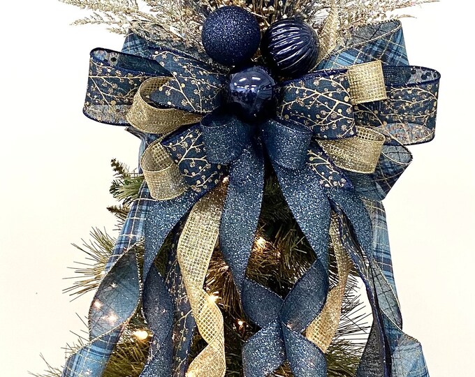 Blue Christmas Tree Topper, Navy Blue, Gold, Plaid, Glitter Branches on ...