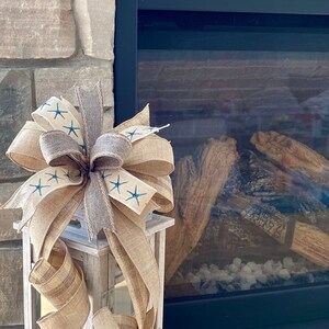 Coastal Bow, Starfish Print, Plaid, Linen, Handmade Bow, Lantern Bow, Wreath Bow, Door Hanger ...
