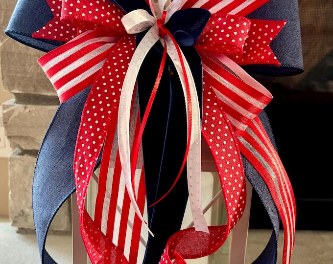 Patriotic Bow, Red, White, Blue, Stripes, Navy Blue Velvet, Memorial ...