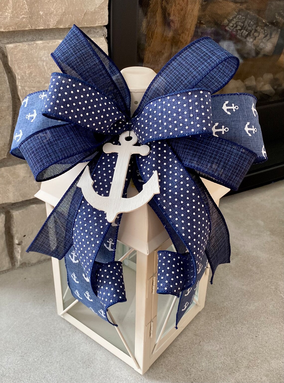 Nautical Bow, White Anchor Center, Navy Blue, White, Swiss Dots ...