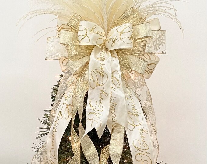 Christmas Tree Topper, Cream, Gold, Glitter Merry Christmas Print ...