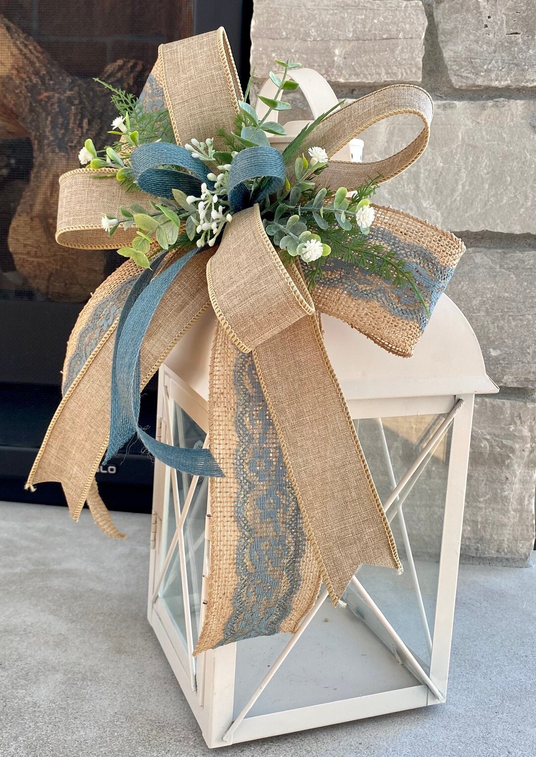 Farmhouse Bow, Burlap, Slate Blue or Olive Lace, Natural Linen ...