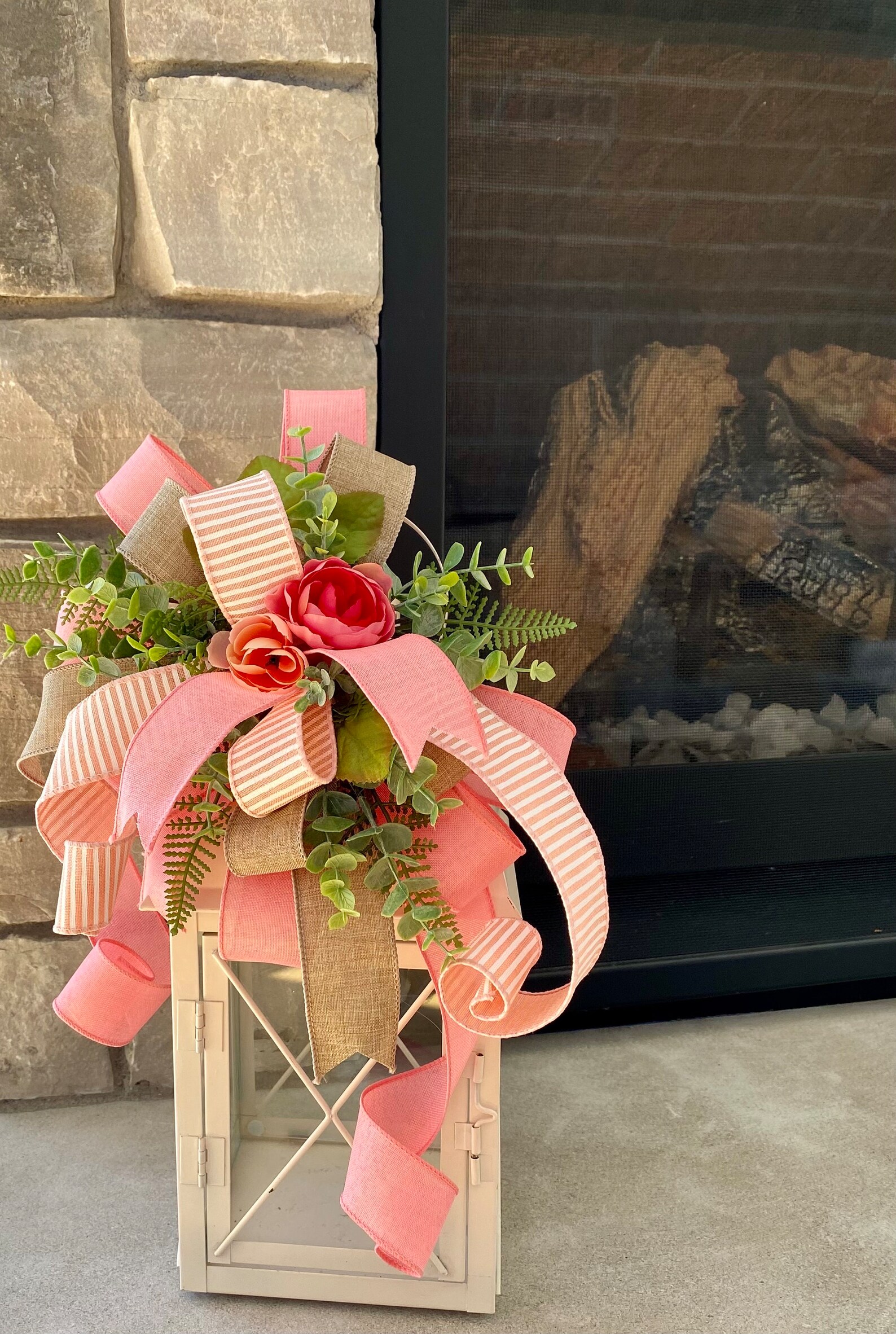 Springtime Bow, Peach Pink Flowers, Greenery, Stripes, Linen, Lantern ...