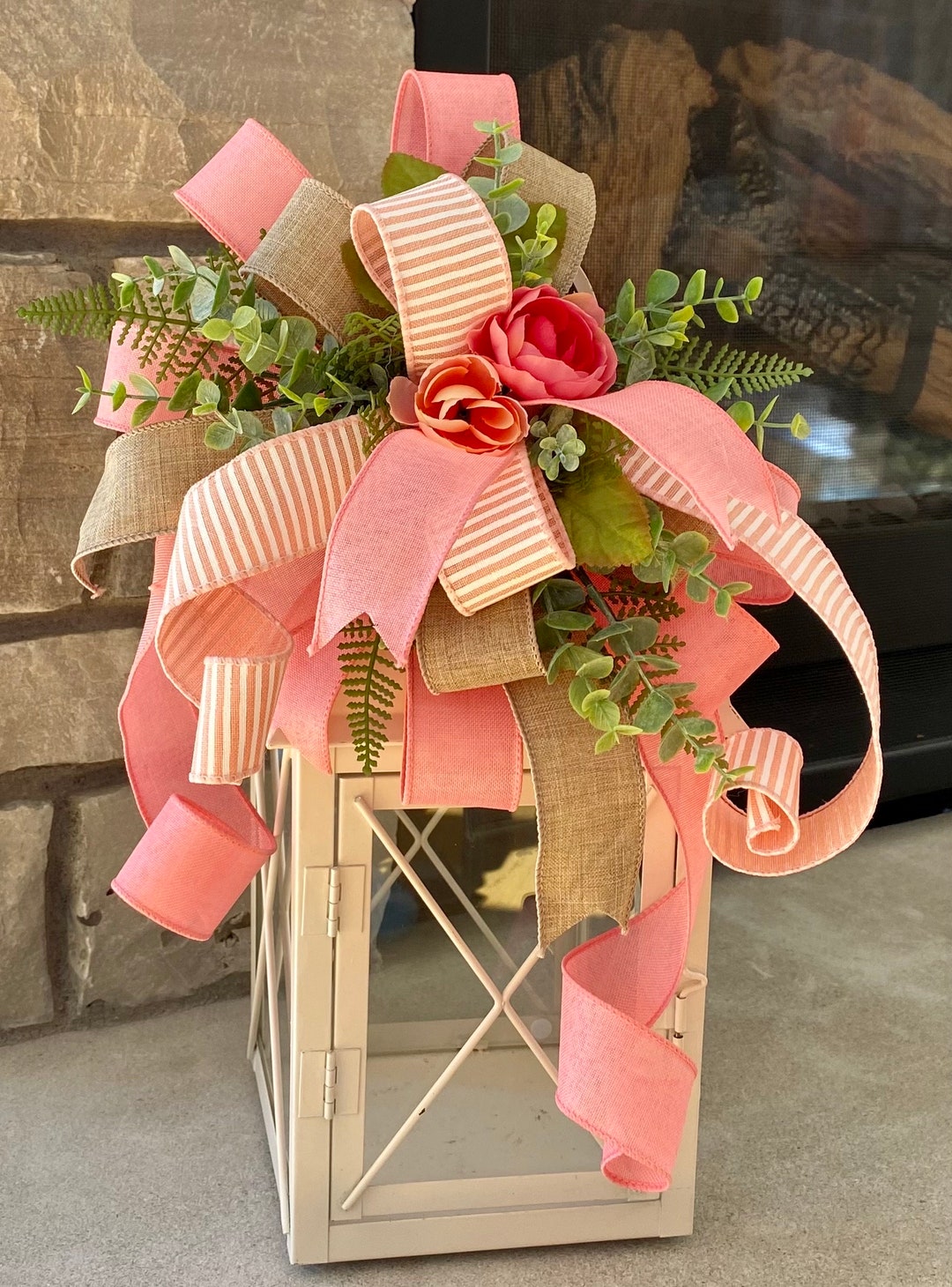 Springtime Bow, Peach Pink Flowers, Greenery, Stripes, Linen, Lantern ...