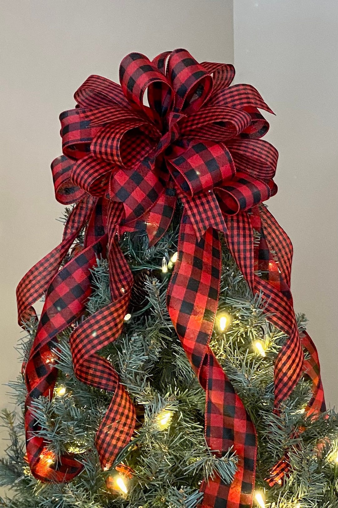 Christmas Tree Topper Bow, Buffalo Plaid, Red, Black, Gingham, Handmade ...