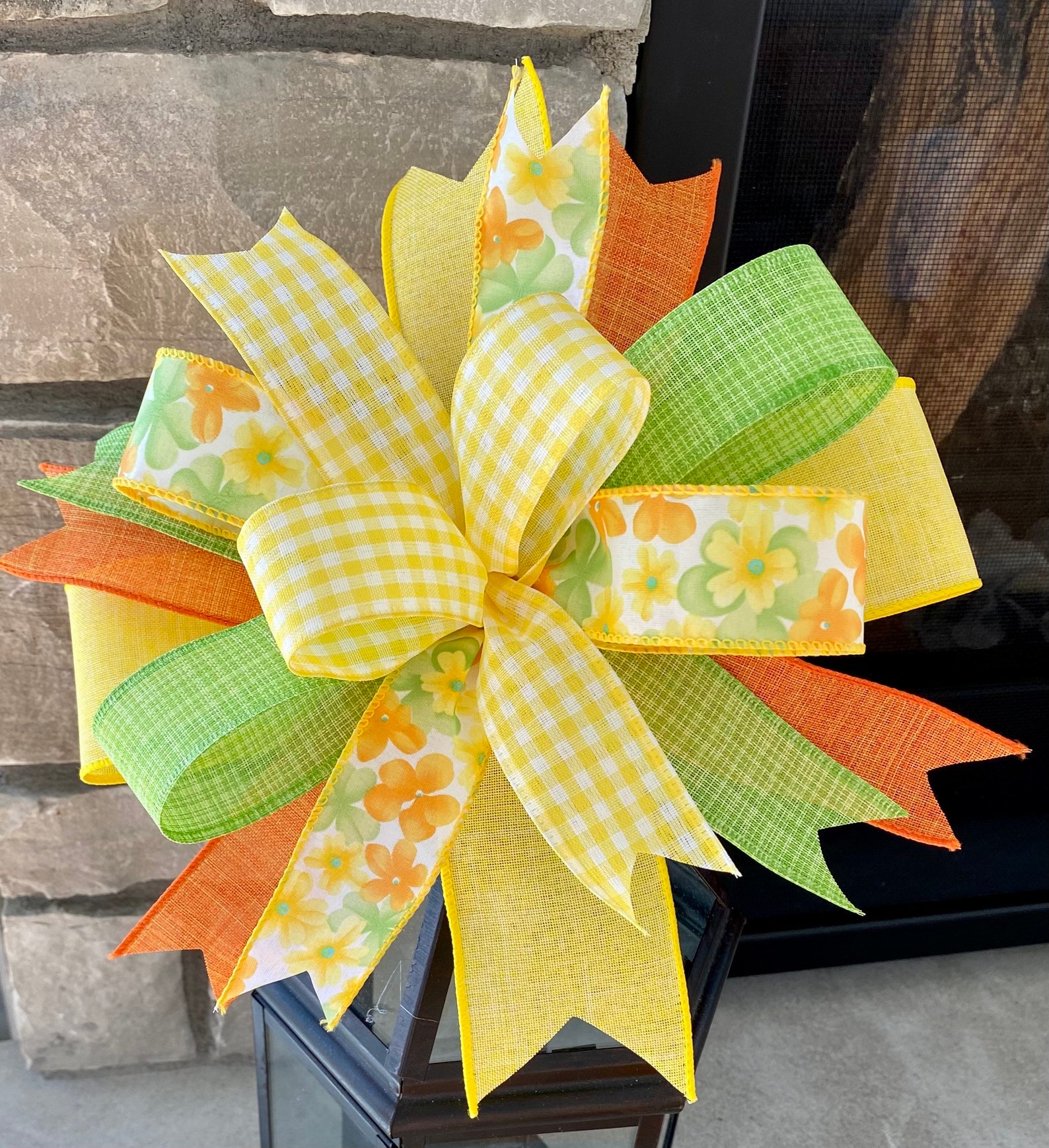 Springtime Bow, Yellow, Lime, Orange, Flowers, Gingham, Lantern Bow ...