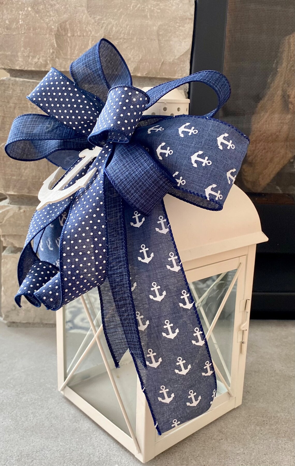 Nautical Bow, White Anchor Center, Navy Blue, White, Swiss Dots ...