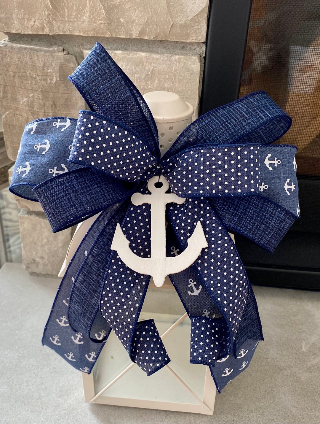Nautical Bow, White Anchor Center, Navy Blue, White, Swiss Dots ...
