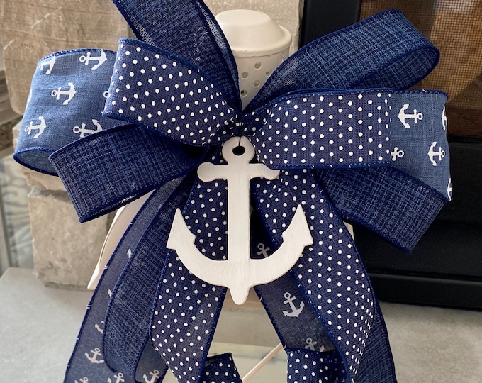 Nautical Bow White Anchor Center Navy Blue White Swiss - Etsy