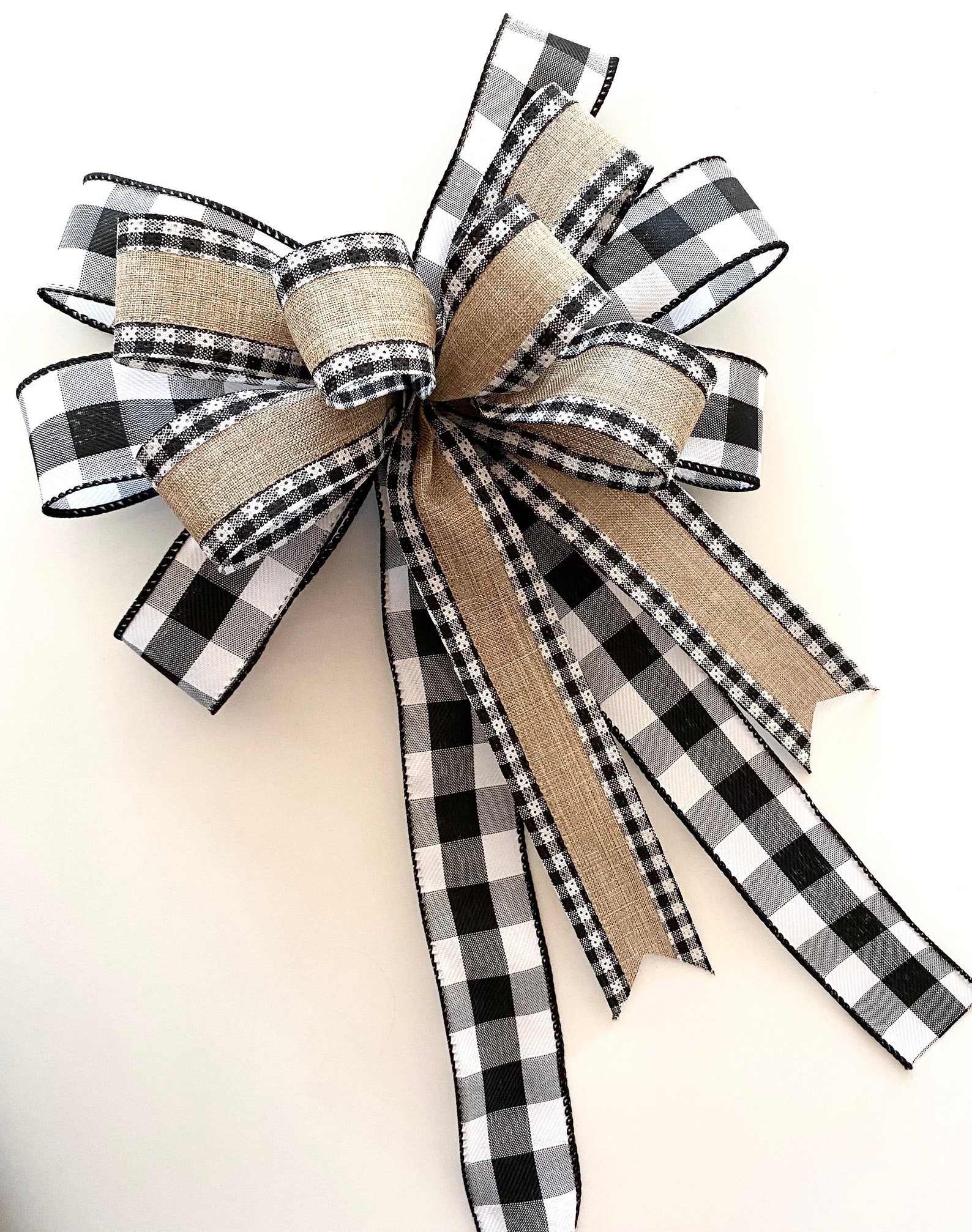 Farmhouse Linen Bow Black White Check Edges Buffalo Check | Etsy