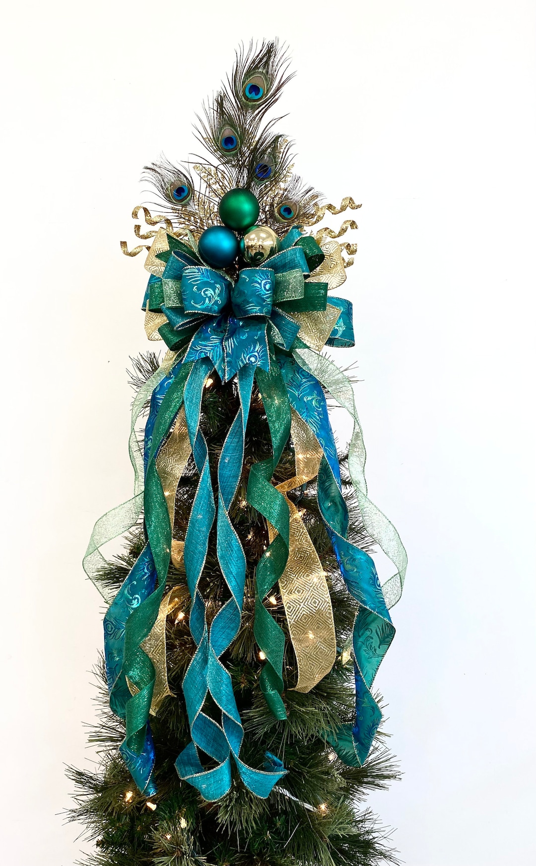 Peacock Tree Topper, Peacock Feathers, Peacock Print Ribbons, Gold ...