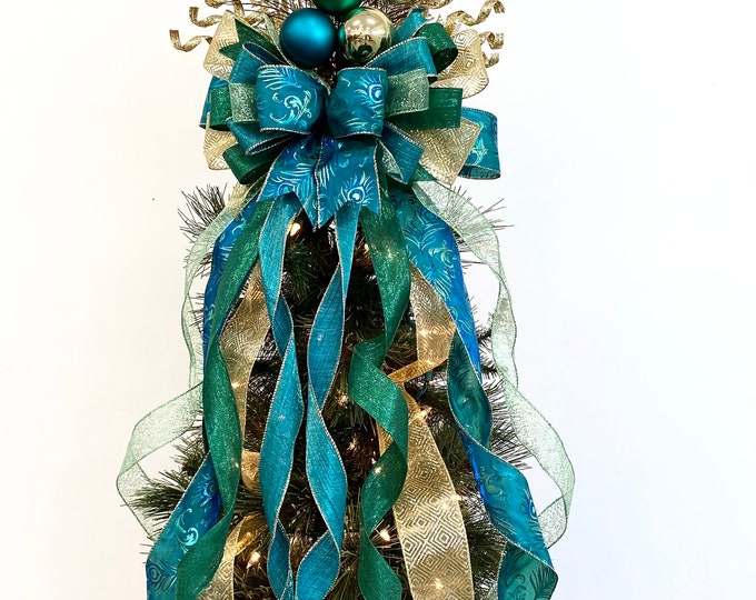 Peacock Tree Topper Peacock Feathers Peacock Print Ribbons Gold Glitter Coils Ornaments