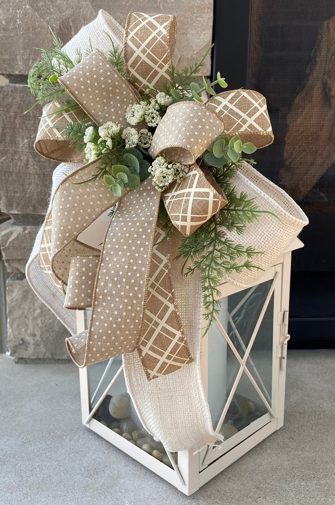 Springtime Lantern Bow, Creamy White Burlap, Natural Linen, Diagonal ...