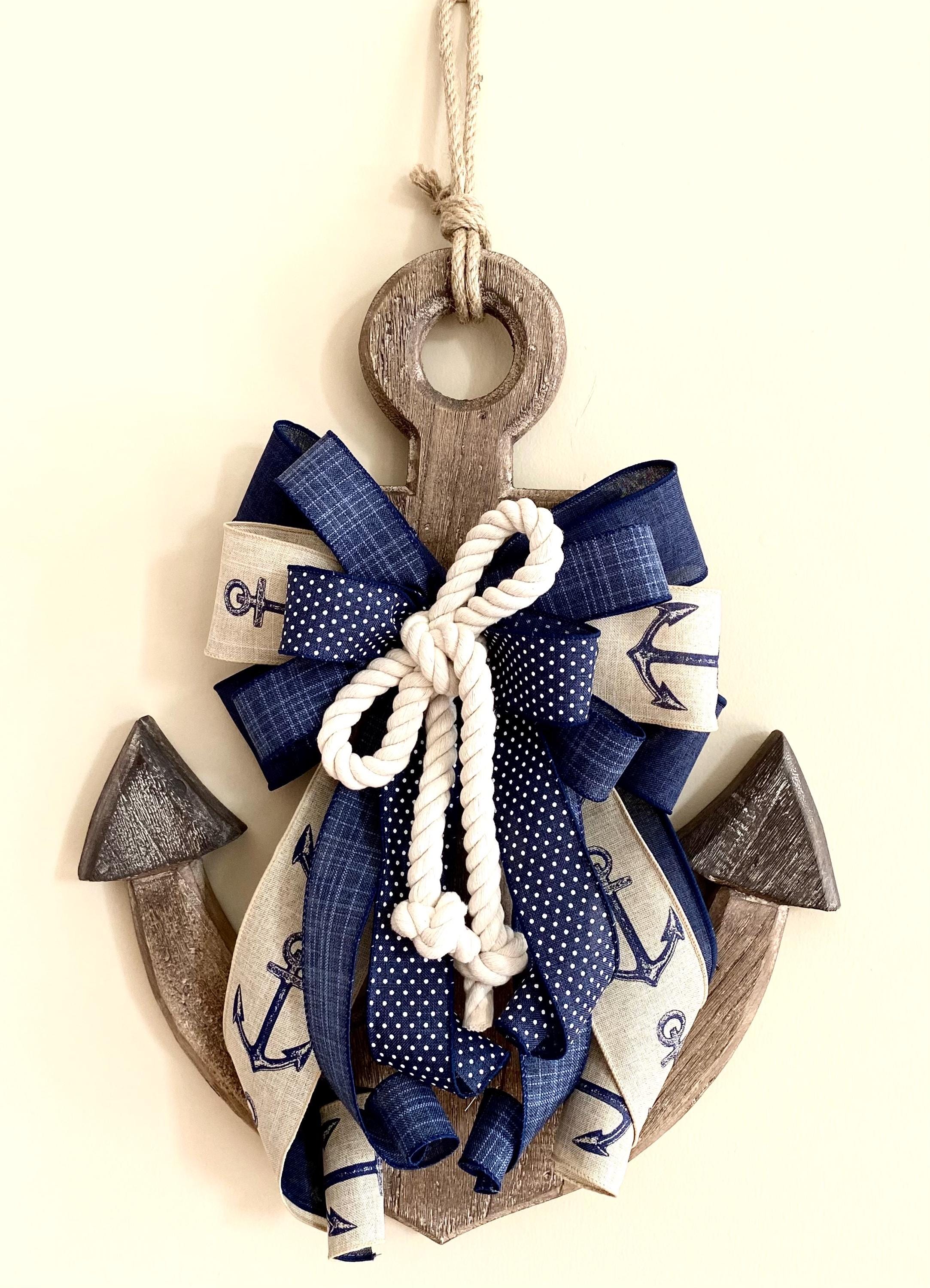 Nautical Bow, Navy Blue, Linen, Anchor Print, Handmade Bow, Cotton Rope ...