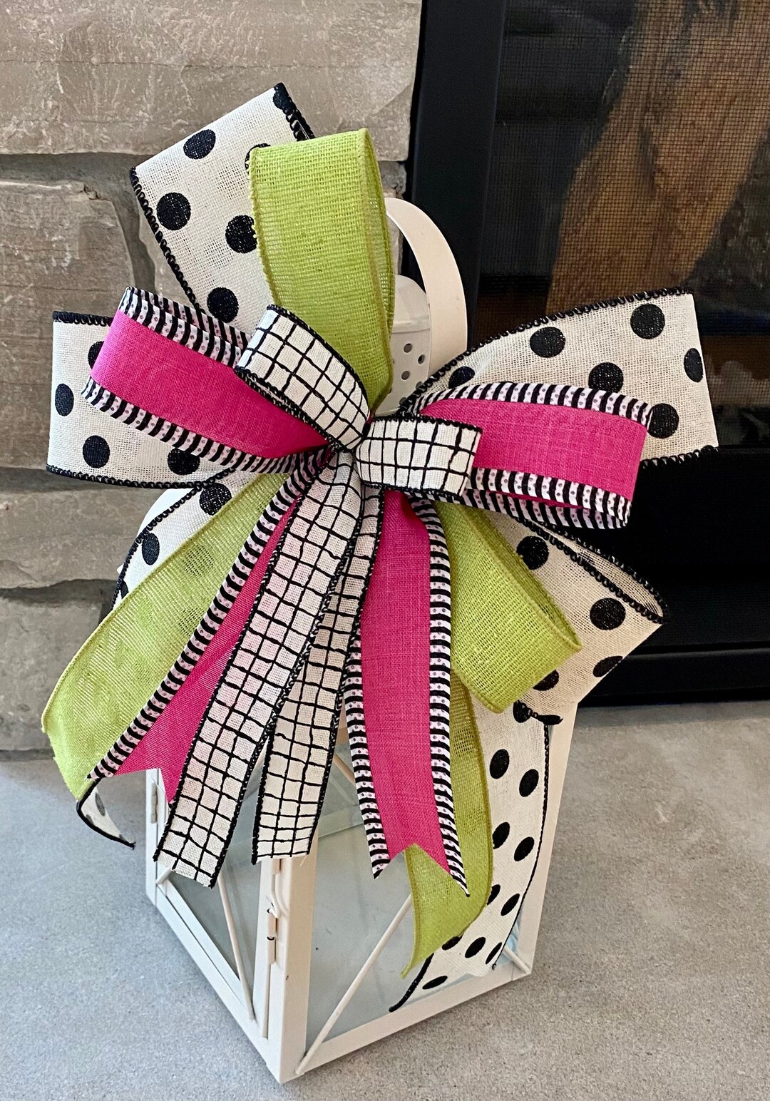 Springtime Farmhouse Bow, Cream Linen, Black Polka Dots, Lime, Hot Pink ...