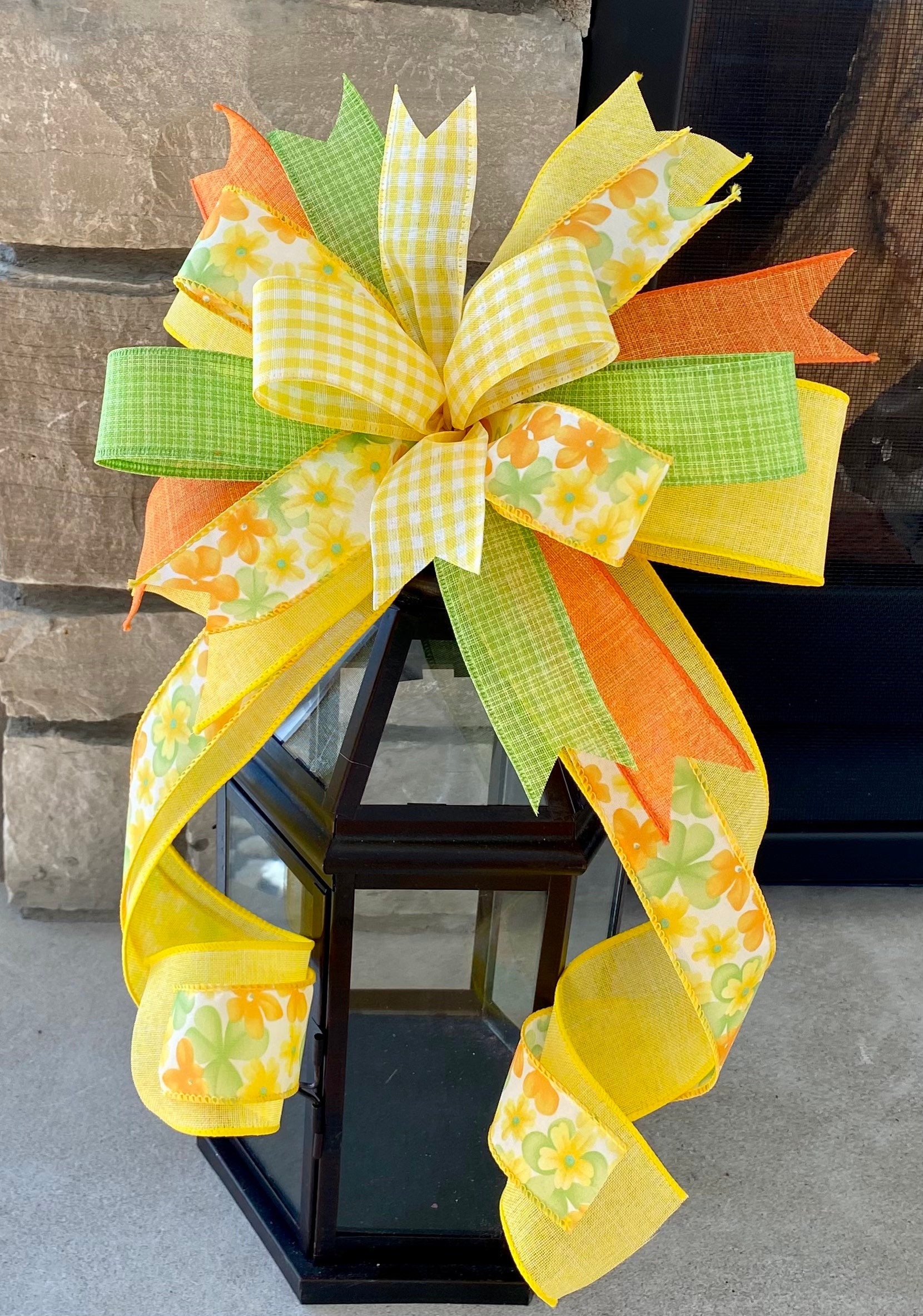 Springtime Bow, Yellow, Lime, Orange, Flowers, Gingham, Lantern Bow ...