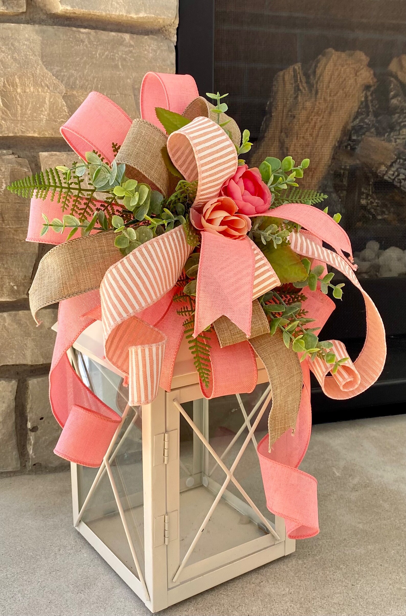 Springtime Bow, Peach Pink Flowers, Greenery, Stripes, Linen, Lantern ...