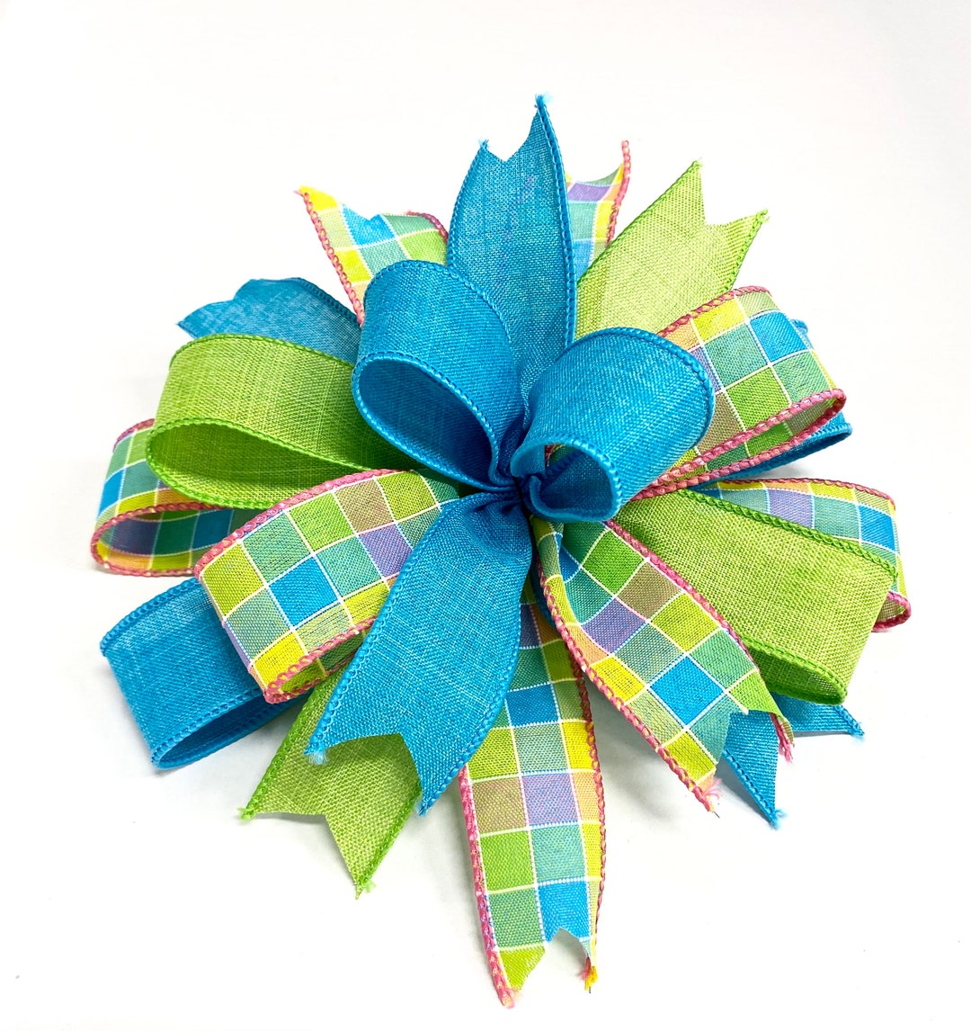 Springtime Bow, Plaid, Teal, Lime Linen, Handmade Bow, Lantern Bow ...