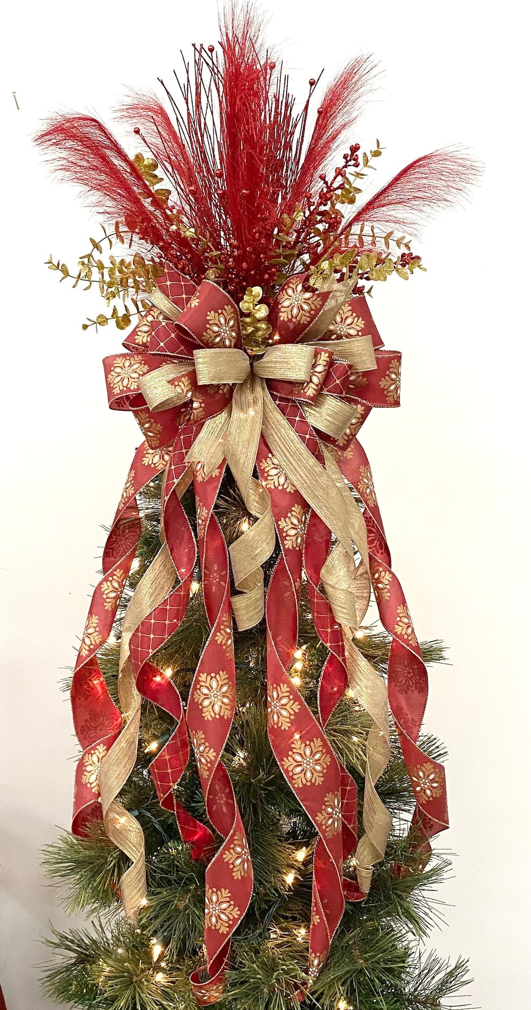 Christmas Tree Topper, Shades of Red, Gold, Pampas Grass, Gold Glitter ...