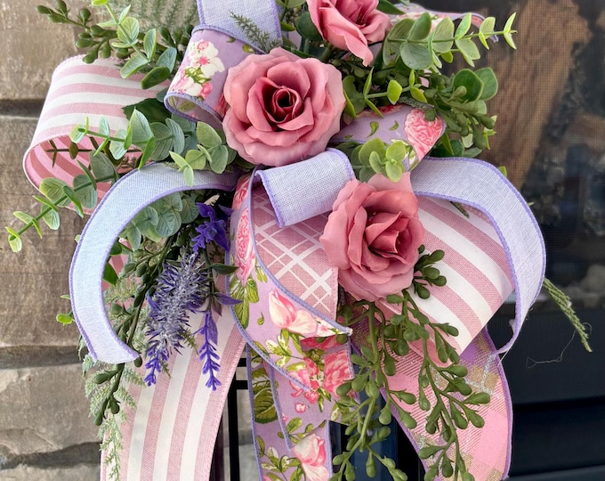 Springtime Bow, Roses, Greenery, Pinks, Lavender, Stripes, Floral Print ...