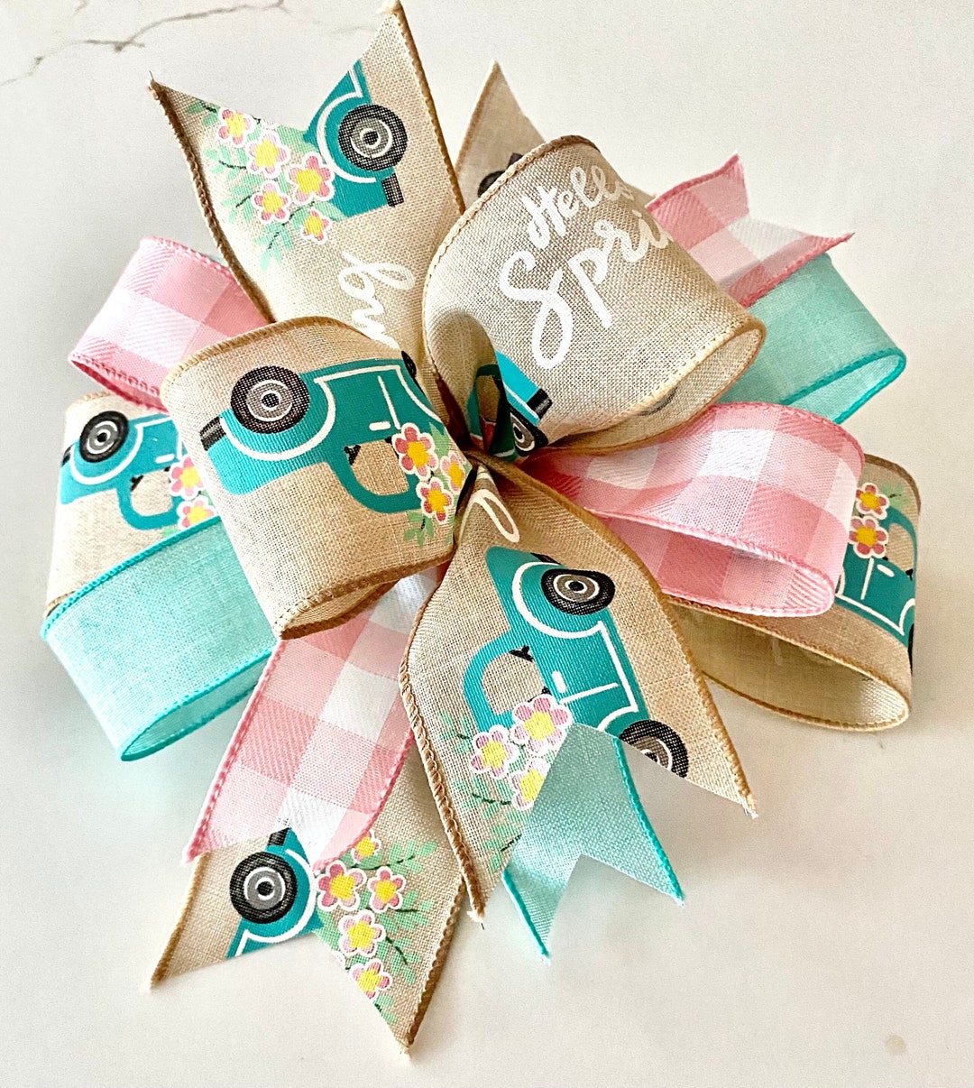 Springtime Bow, Hello Spring, Aqua Blue Truck, Flowers, Pink, White ...