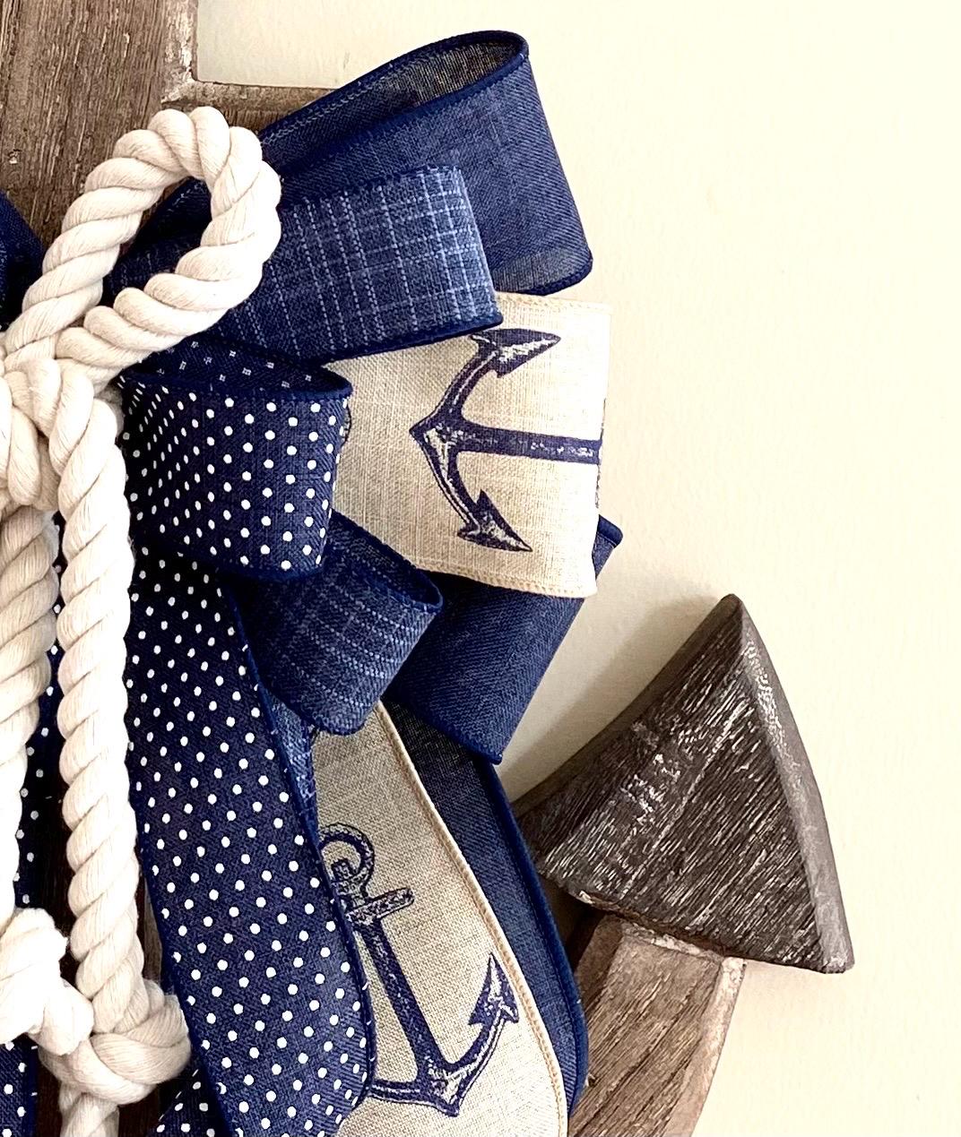 Nautical Bow, Navy Blue, Linen, Anchor Print, Handmade Bow, Cotton Rope ...