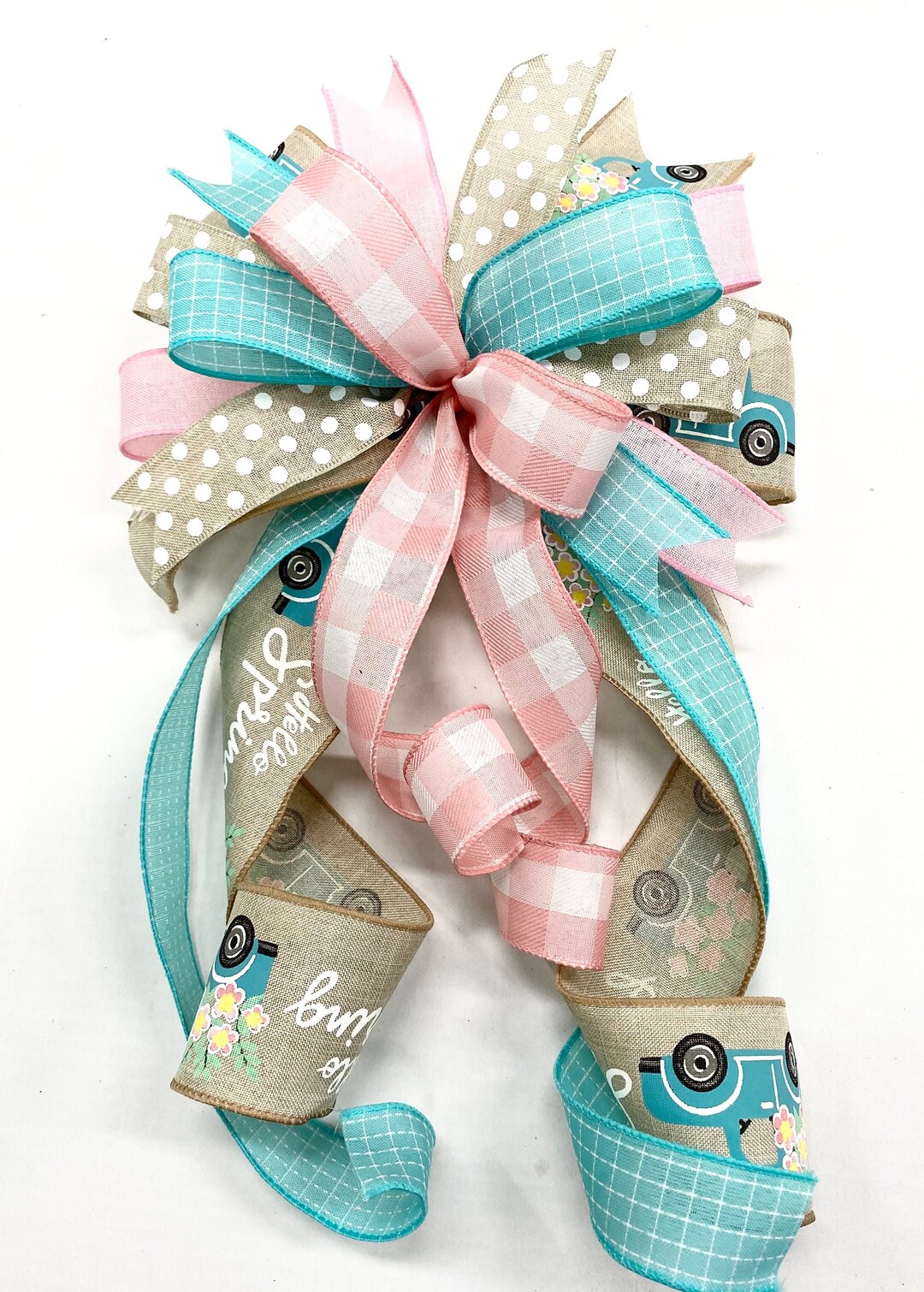 Springtime Curly Tail Bow, Flower Trucks, Polka Dots, Linen, Aqua, Pink ...