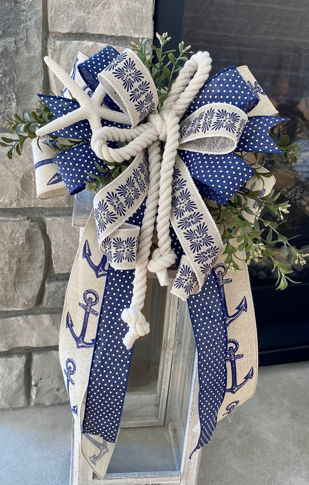 Nautical Bow, Rope Center, Pencil Starfish, Soft Greens, Handmade ...