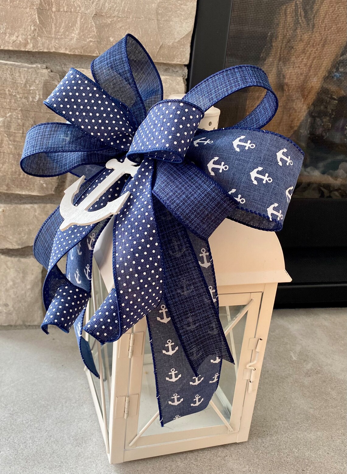 Nautical Bow, White Anchor Center, Navy Blue, White, Swiss Dots ...