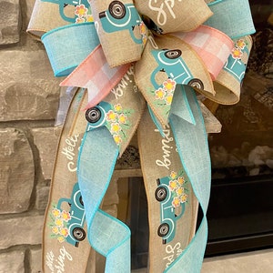 Springtime Bow, Hello Spring, Aqua Blue Truck, Flowers, Pink, White ...