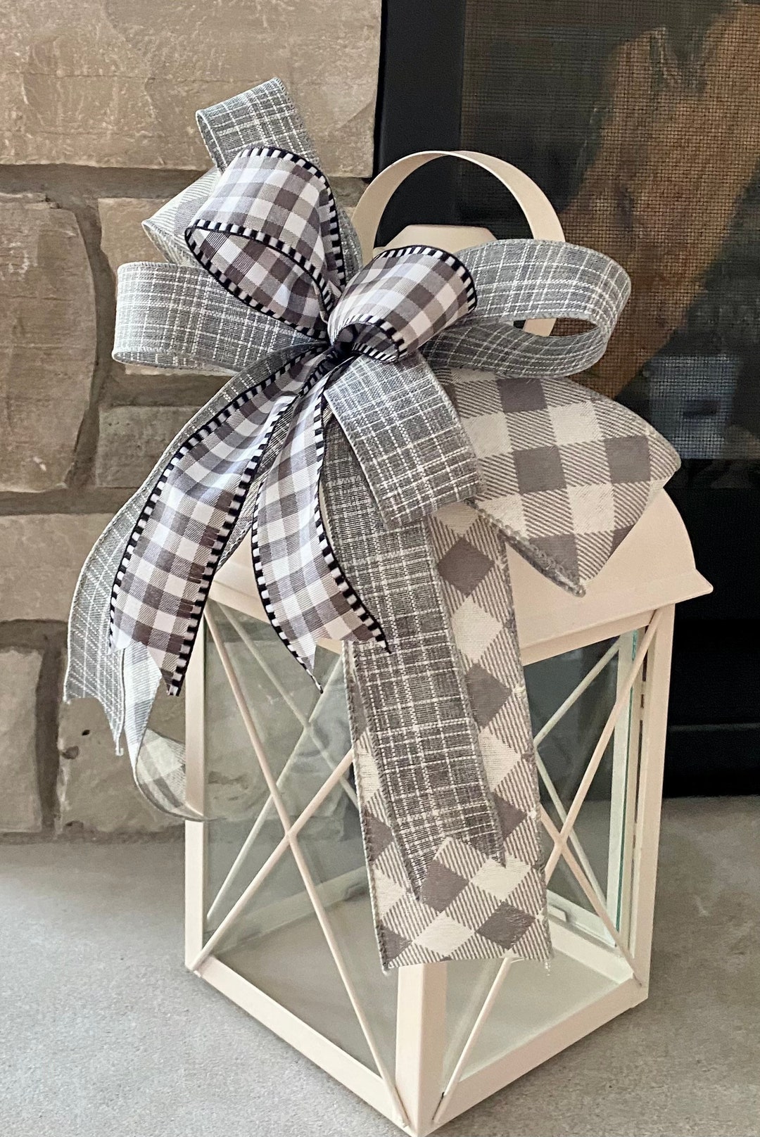 Everyday Farmhouse Bow, Gray, White, Plaid, Striped Edge, Lantern Bow ...