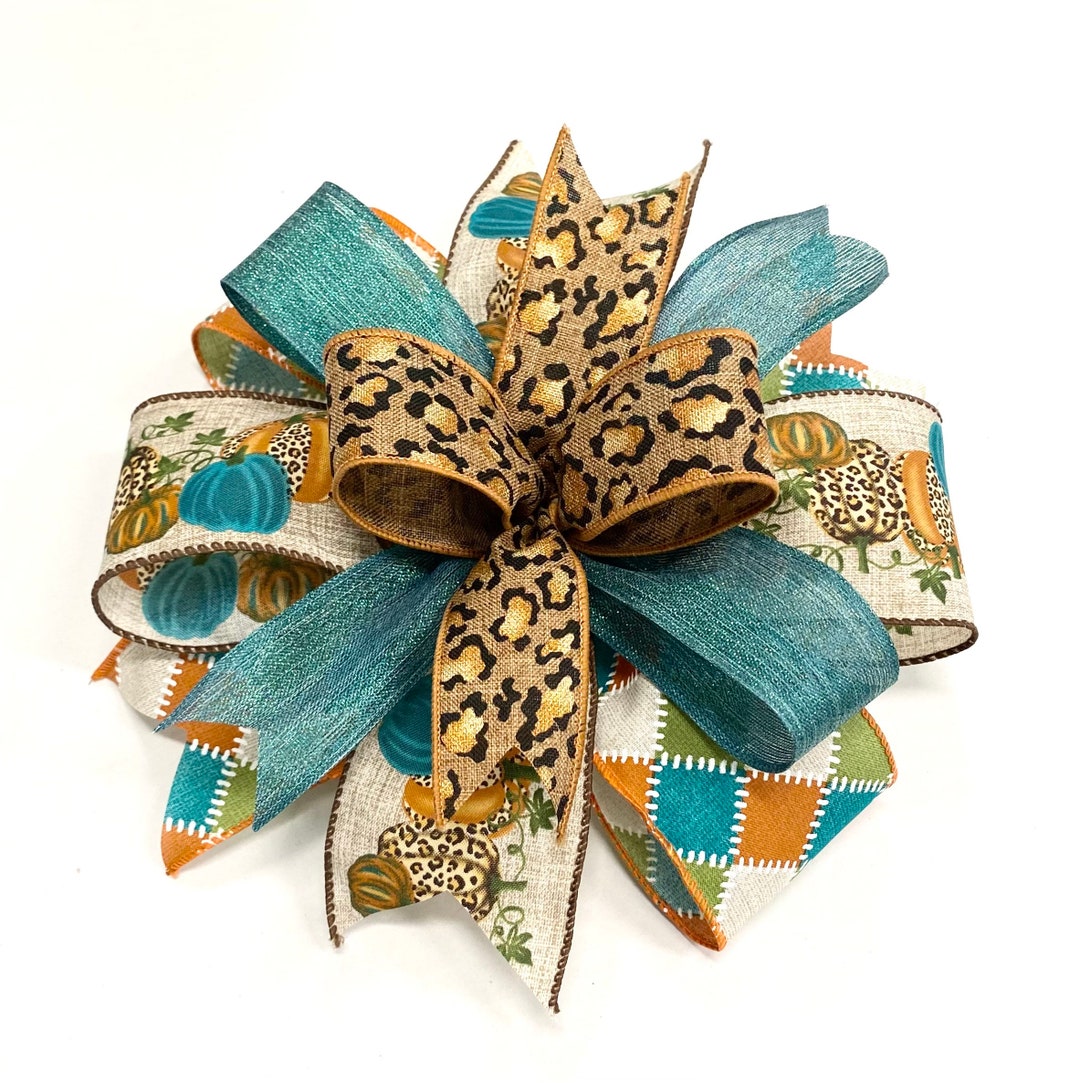 Fall Pumpkin Bow Leopard Print Teal Checkered Pattern - Etsy