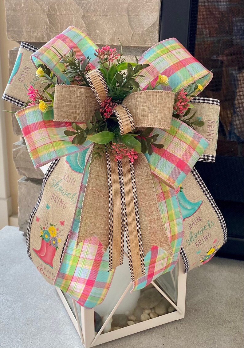 Springtime Bow, Rain Boots, Linen, Plaid, Gingham Edge, Spring Flowers ...