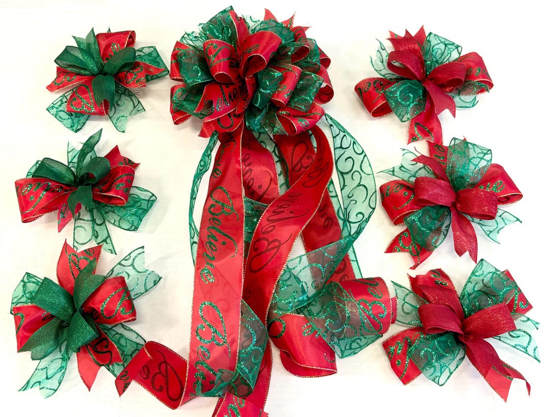7 Pc. Christmas Bow Set, Believe, Traditional Red, Green, Glitter ...