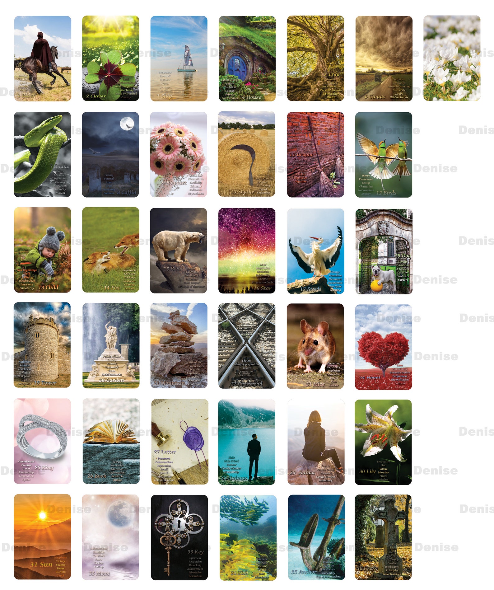 Laminated Lenormand Cards Sunlight Series Bridge Size 36 Laminated ...