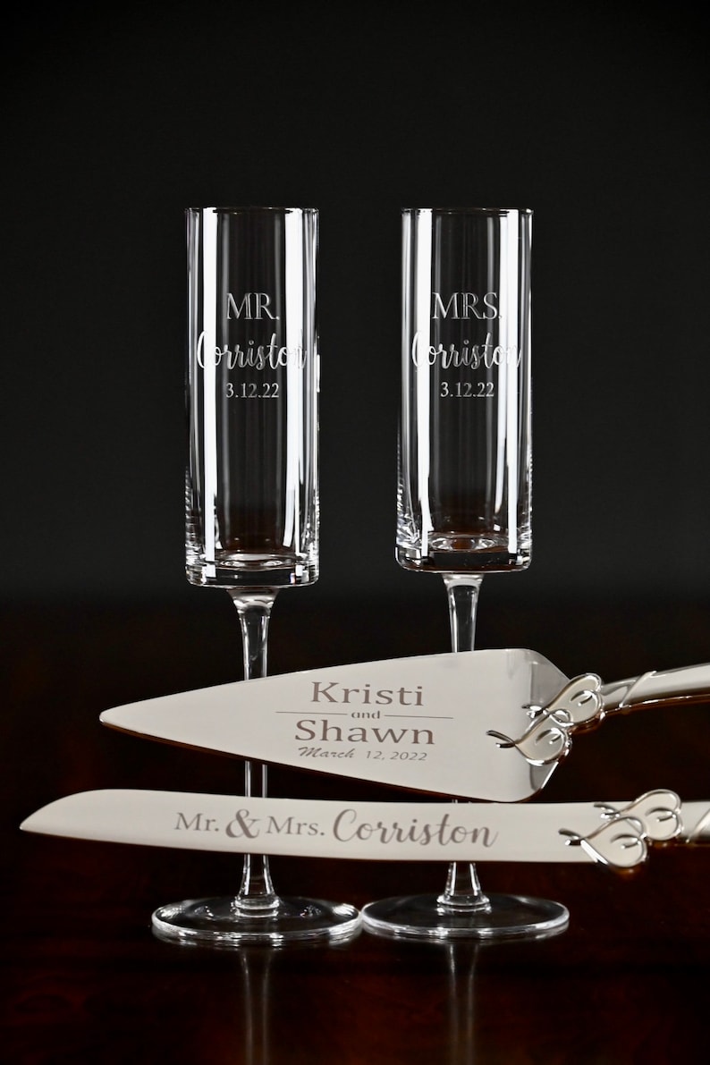 Personalized Modern Toasting Flutes With Lenox Cake Cutter | Etsy