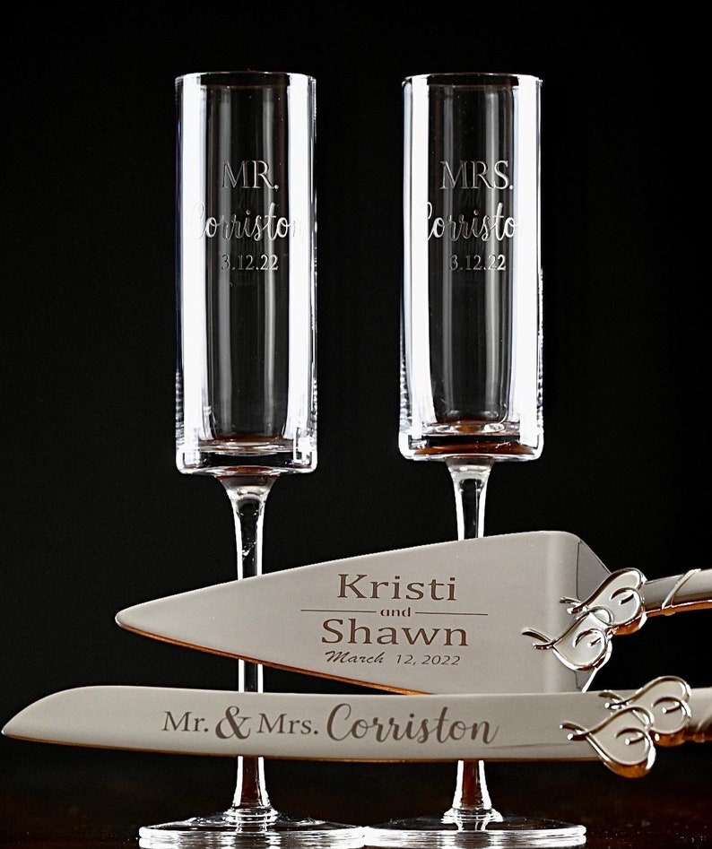 Personalized Modern Toasting Flutes With Lenox Cake Cutter | Etsy