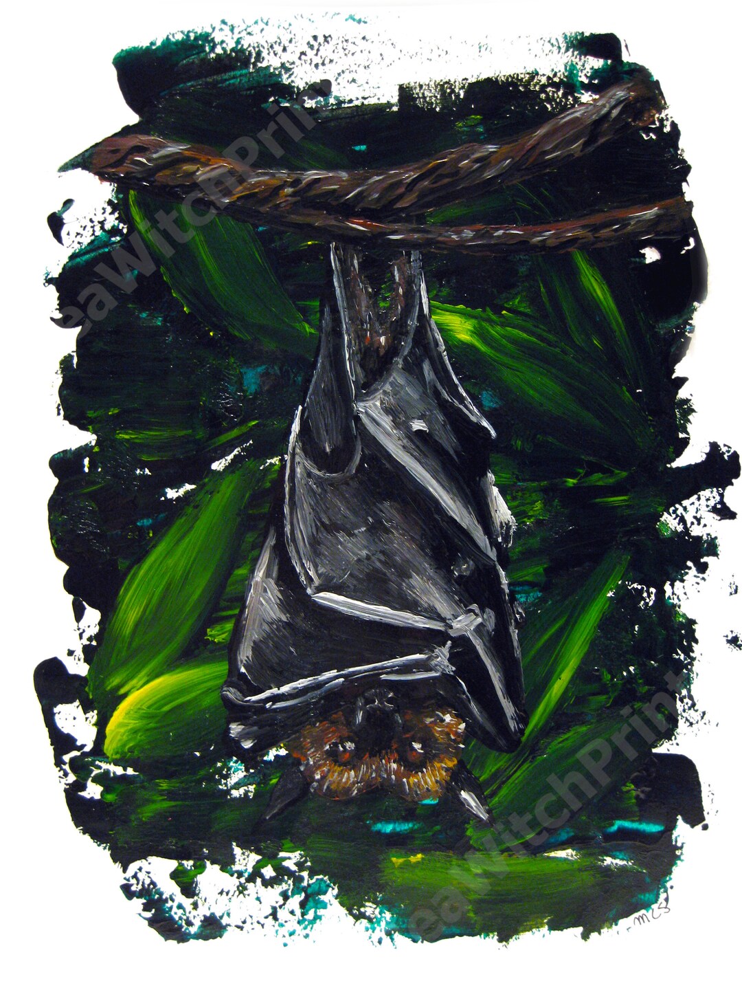 Hanging Bat, Art Print, 8 X 10 Inches, Halloween Art Print, Goth Decor ...