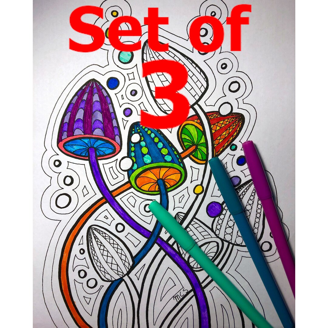 Mushroom, Printable Coloring Pages, Set of 3, DIGITAL DOWNLOAD, Trippy ...
