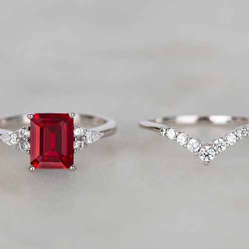 Emerald Cut Ruby Ring Set/ruby Engagement Ring Set for - Etsy