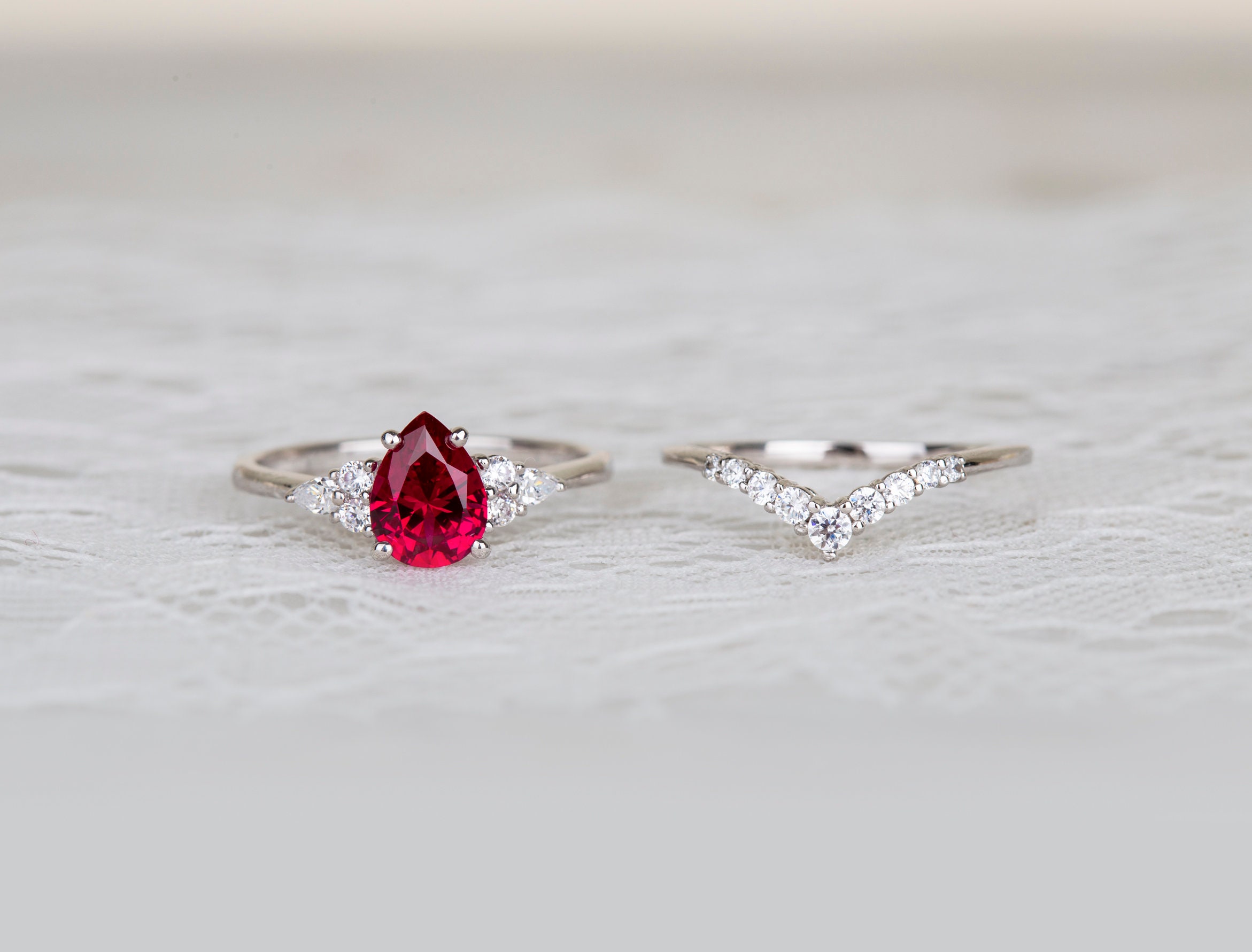 Ruby Engagement Ring SET Sterling Silver Pear Ruby Vintage - Etsy