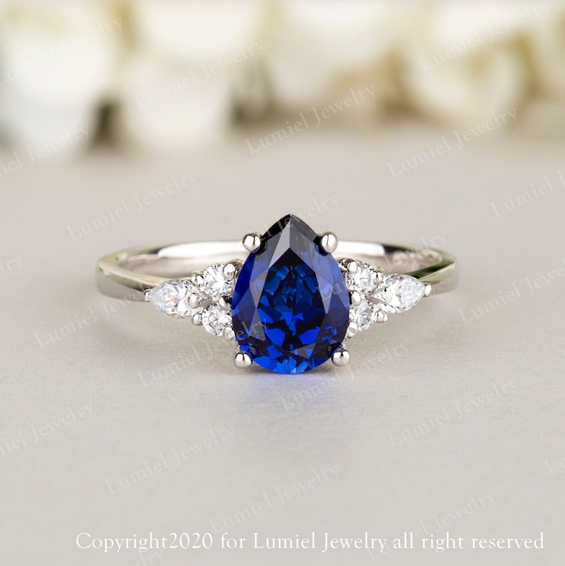 Blue Pear Sapphire Engagement Ring Set: Sterling Silver Bridal Ring - Etsy