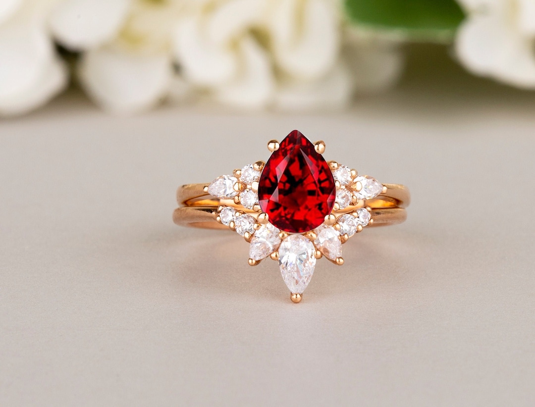 Anillo de compromiso Ruby SET Solid 14K Rose Gold Pear Ruby vintage ...