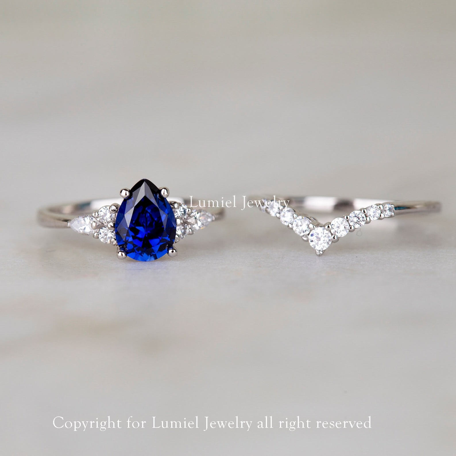 Blue Pear Sapphire Engagement Ring Set: Sterling Silver Bridal Ring - Etsy