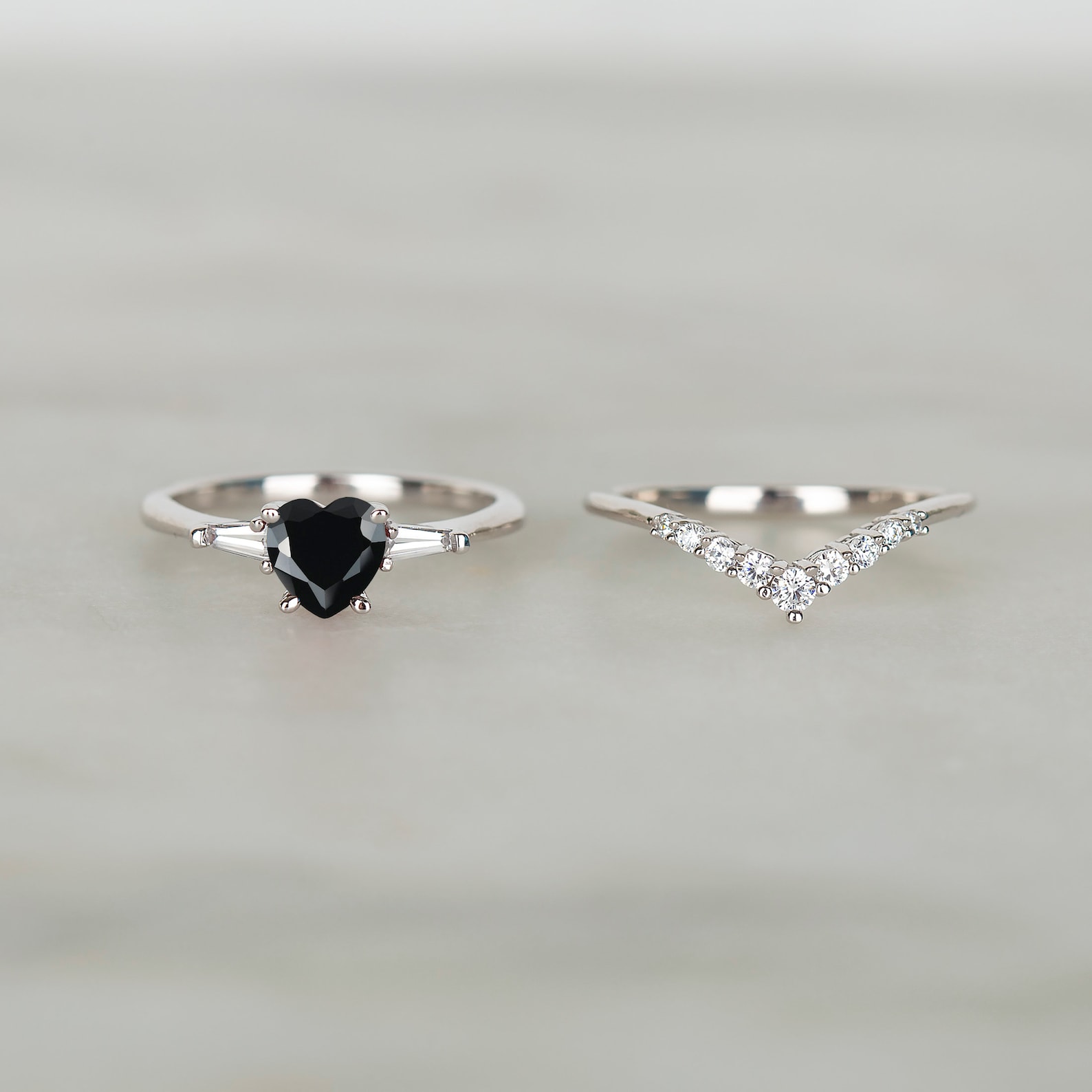 Black Heart Diamond Engagement Ring SET in Sterling Silver - Etsy