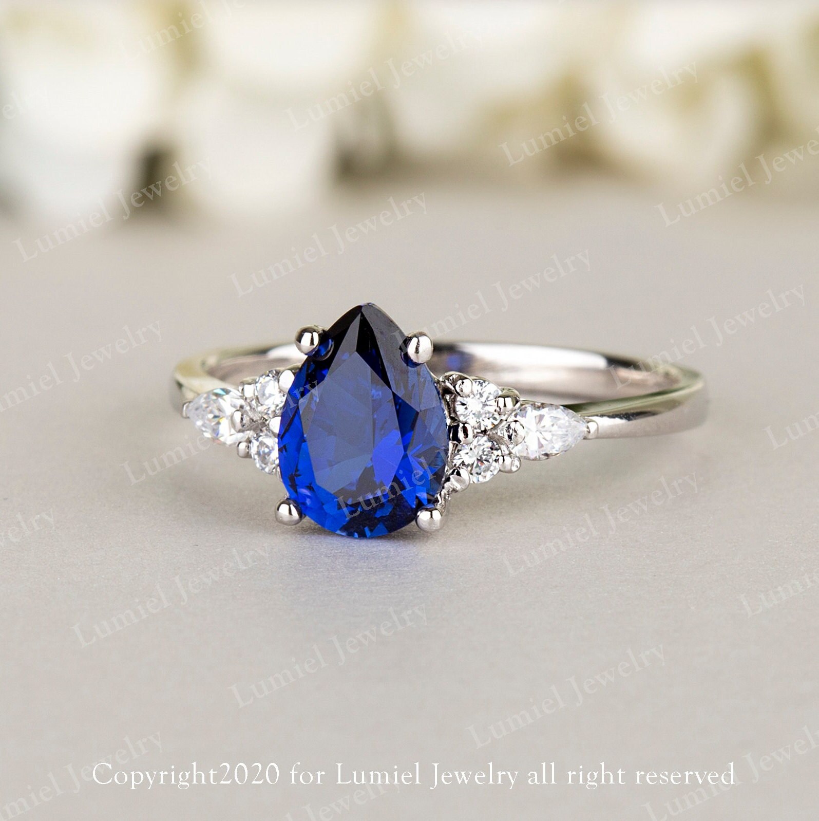 Blue Pear Sapphire Engagement Ring Set: Sterling Silver Bridal Ring - Etsy