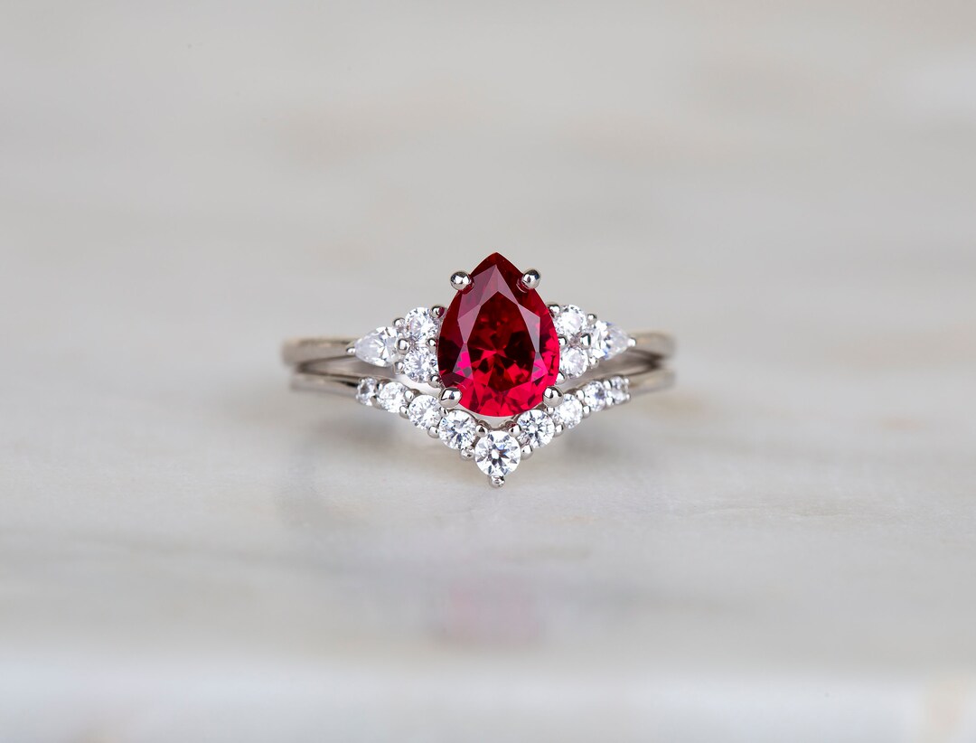 Ruby Engagement Ring SET Sterling Silver Pear Ruby Vintage Wedding ...