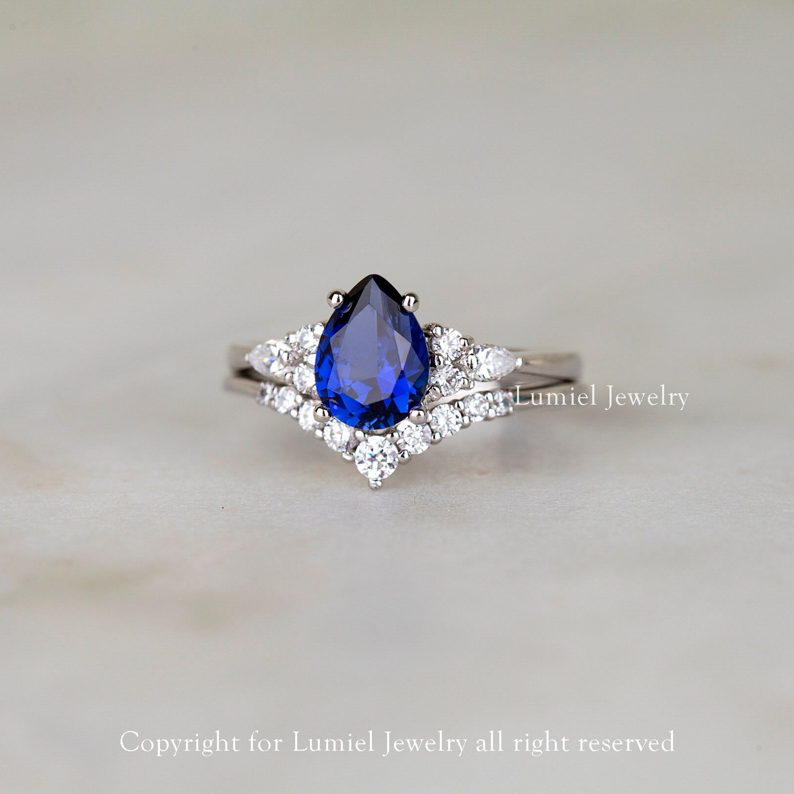 Blue Pear Sapphire Engagement Ring Set: Sterling Silver Bridal Ring - Etsy
