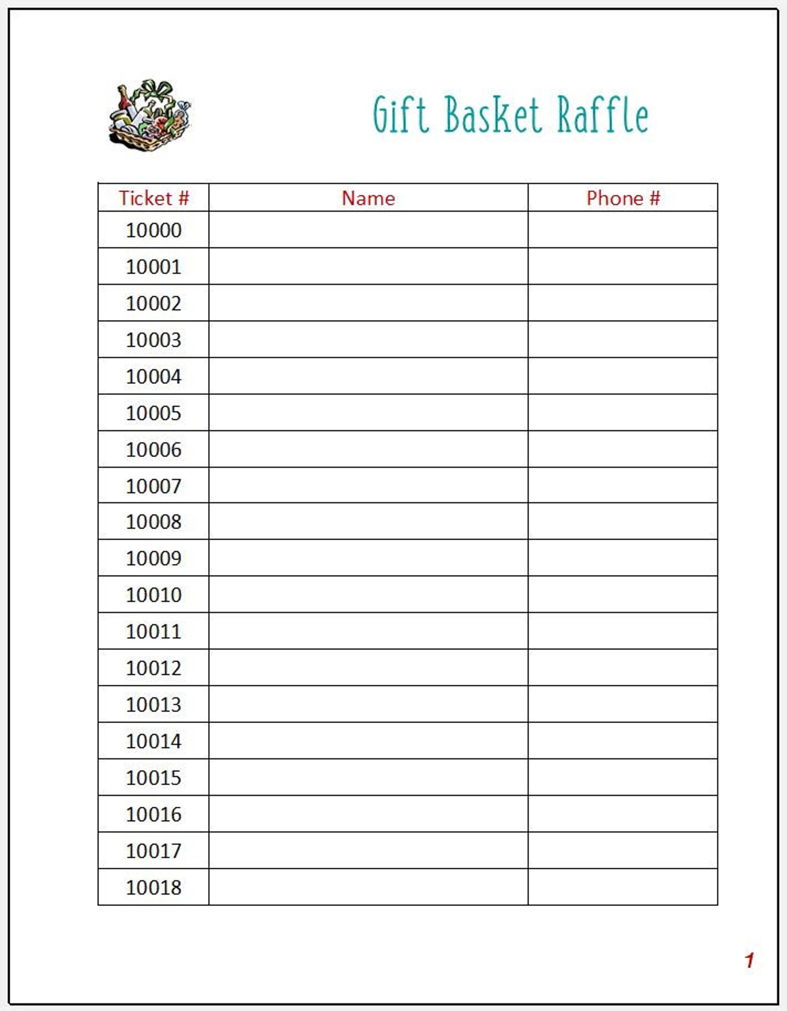 Basket Raffle Ticket Spreadsheet for Fundraiser Ticket Auction Ticket ...