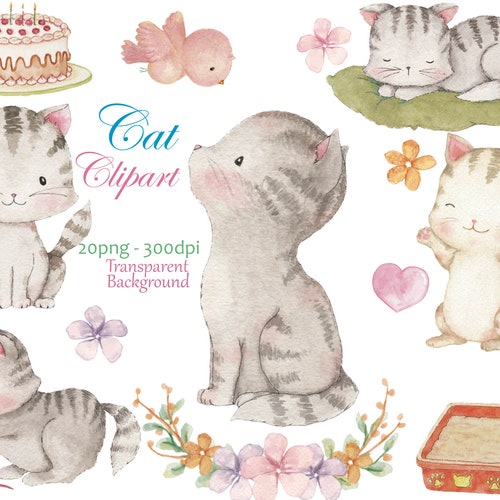 Baby Cat Watercolor Clipart Kitten Graphic PNG Cute Cat - Etsy